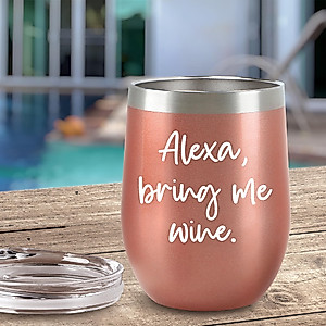Chris's Stuff 12 oz Wine Tumbler - Iced Coffee Mug with Splash-Proof Lid Stainless Steel Double Wall Vacuum Insulated with Inner Layer Copper Keep Drinks Cold/Hot - Quote: Alexa Bring me Wine (Pink)