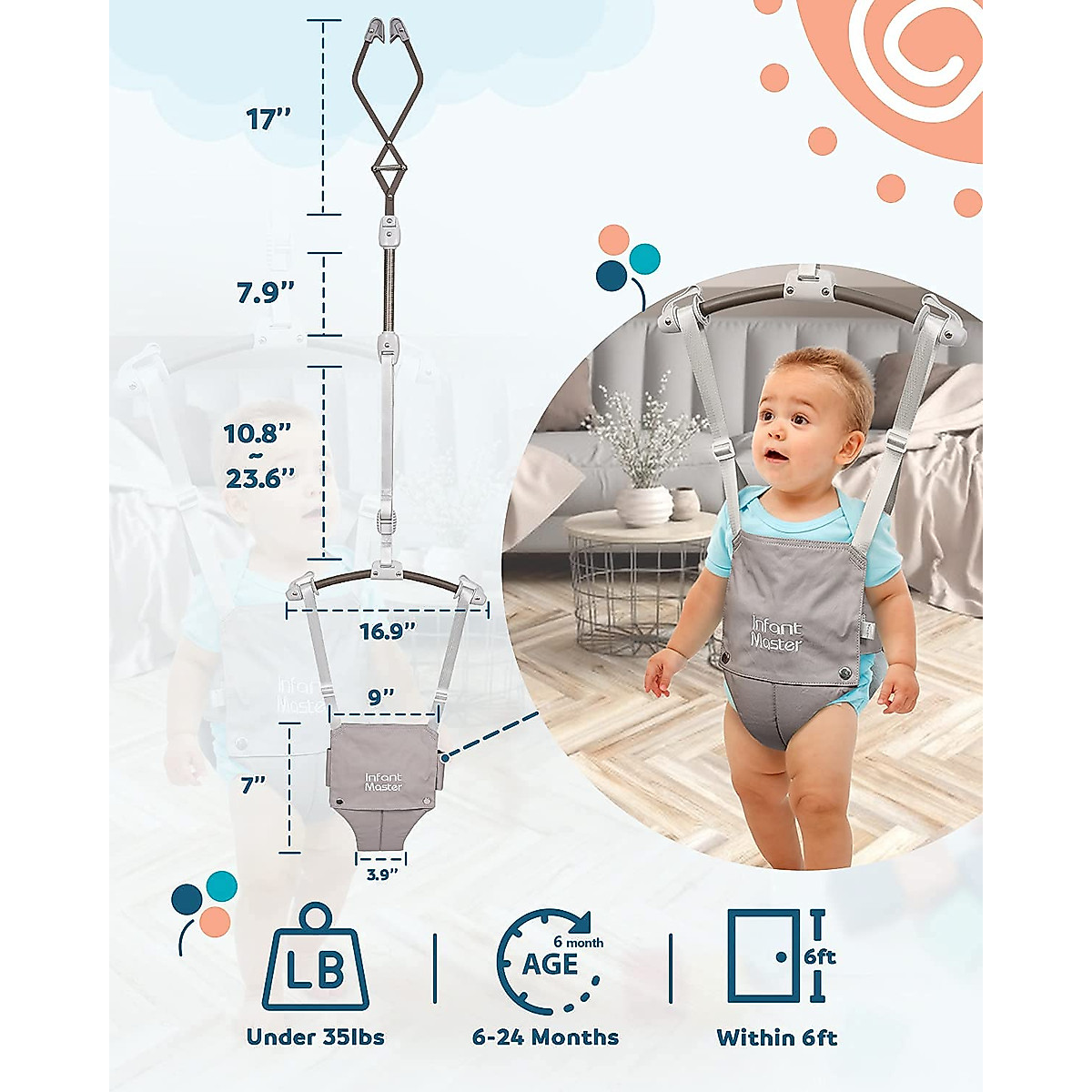 Infant Master Baby Doorway Jumpers, Sturdy Johnny Jumper w/Adjustable 10.8"-23.6" inches Strap, Soft Baby Johnny Bouncer w/Seat Bag, Ideal Gift for Infant, Portable and Easy to Use, Grey