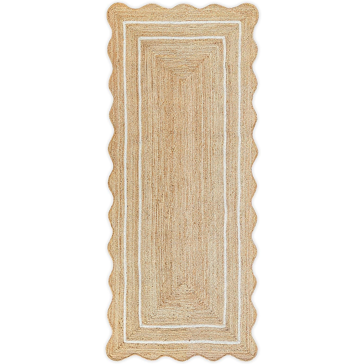 CRAFTED CREATION Scalloped Natural Runner Rug, Bohemian Scallop Rug, Natural Jute Rug,Scalloped Natural Jute Rug Boho Jute Rug Entryway Runner Rug Farmhouse, Off White (2'x6')