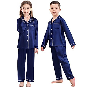 SWOMOG Kid Girls Boys Silk Satin Pajamas Set Button-Down PJs Sets Two-Piece Lounge Sets Long Sleeve Navy Sleepwear