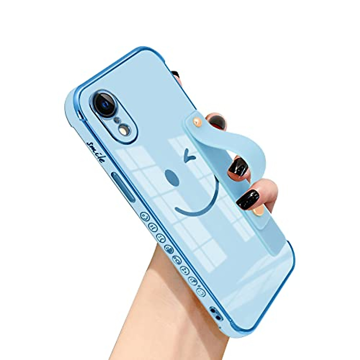Uioeua Compatible with iPhone XR Case with Smiley Face Pattern,Soft TPU Cute Plating Wristband Holder Case Camera Lens Protection Side Small Pattern Shockproof Wrist Strap Case Women Girls-Sky Blue