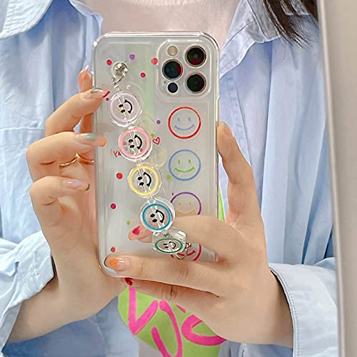 aaknhen Cartoon Cute Smiley Face Clear Phone Case Compatible with iPhone 12 Case with Crystal Pretty Cartoon Smile Bracelet Soft Silicone Clear Shockproof Bumper Case(Iphone12)