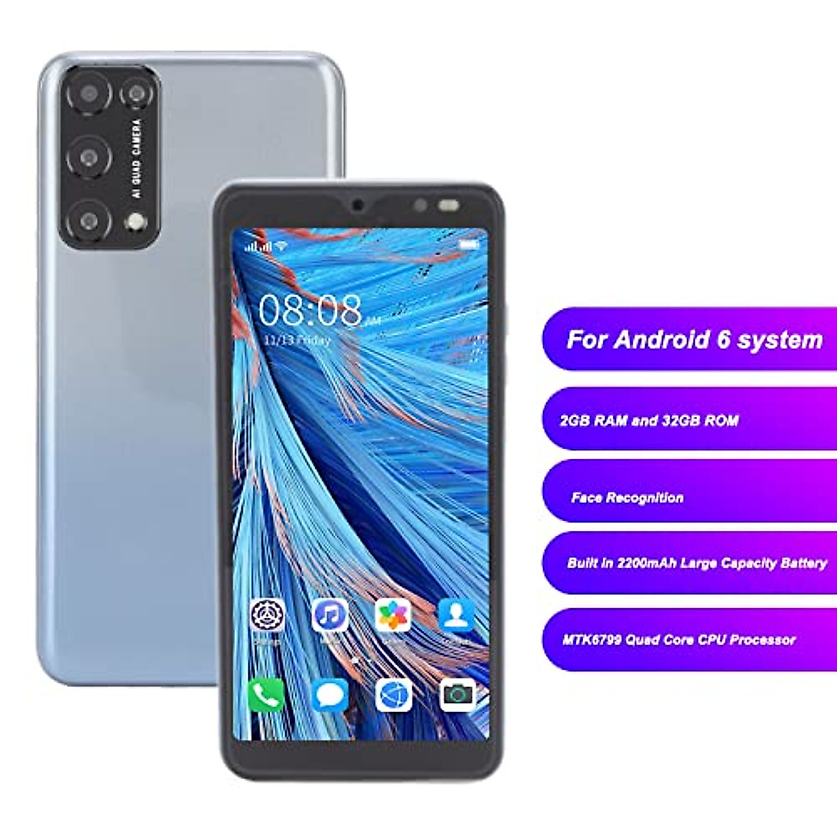 Diyeeni for Android 6 Smartphone, 5.45in Full Screen Cell Phone 2GB RAM 32GB ROM, 5MP Rear Camera Mobile Phone, for MTK6799 Quad Core CPU, 2200mAh Battery, Support Expansion 128GB(Gray)