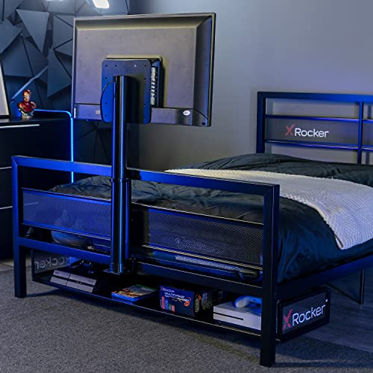 X Rocker Basecamp Gaming Bed Frame, with Rotating TV Mount, Storage, Metal Mesh Frame, 2111101, 80.63" x 37.68" x 42.8", Twin Size, Black