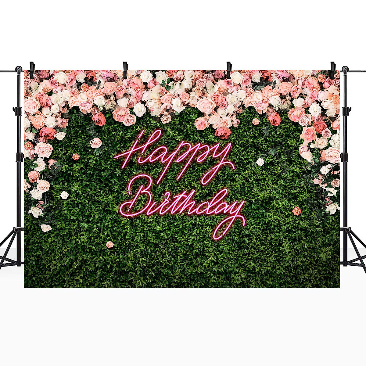 Riyidecor Green Leaves Happy Birthday Backdrop for Women Neon Flower Wall Pink Rose Floral Blossom Botanical Plant Nature 7Wx5H Feet Girls Photography Background Birthday Photo Studio Shoot Fabric