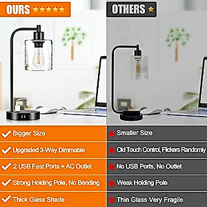Industrial Touch Control Table Lamps Set of 2 - Black Bedside Lamps with 2 USB Ports and AC Outlet, 3-Way Dimmable Nightstand Desk Lamp for Bedroom Living Room, Glass Shade & 2 LED Bulbs Included
