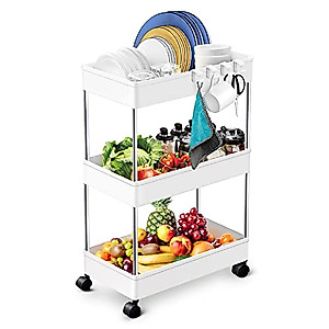 KPX Bathroom Rolling Storage Cart with Wheels Kitchen Utility Cart Casters Mobile Laundry Organizer Shelves for Room Organizers, Make Up, Home School, Dorm Room Office Essentials (3-Tier, White)