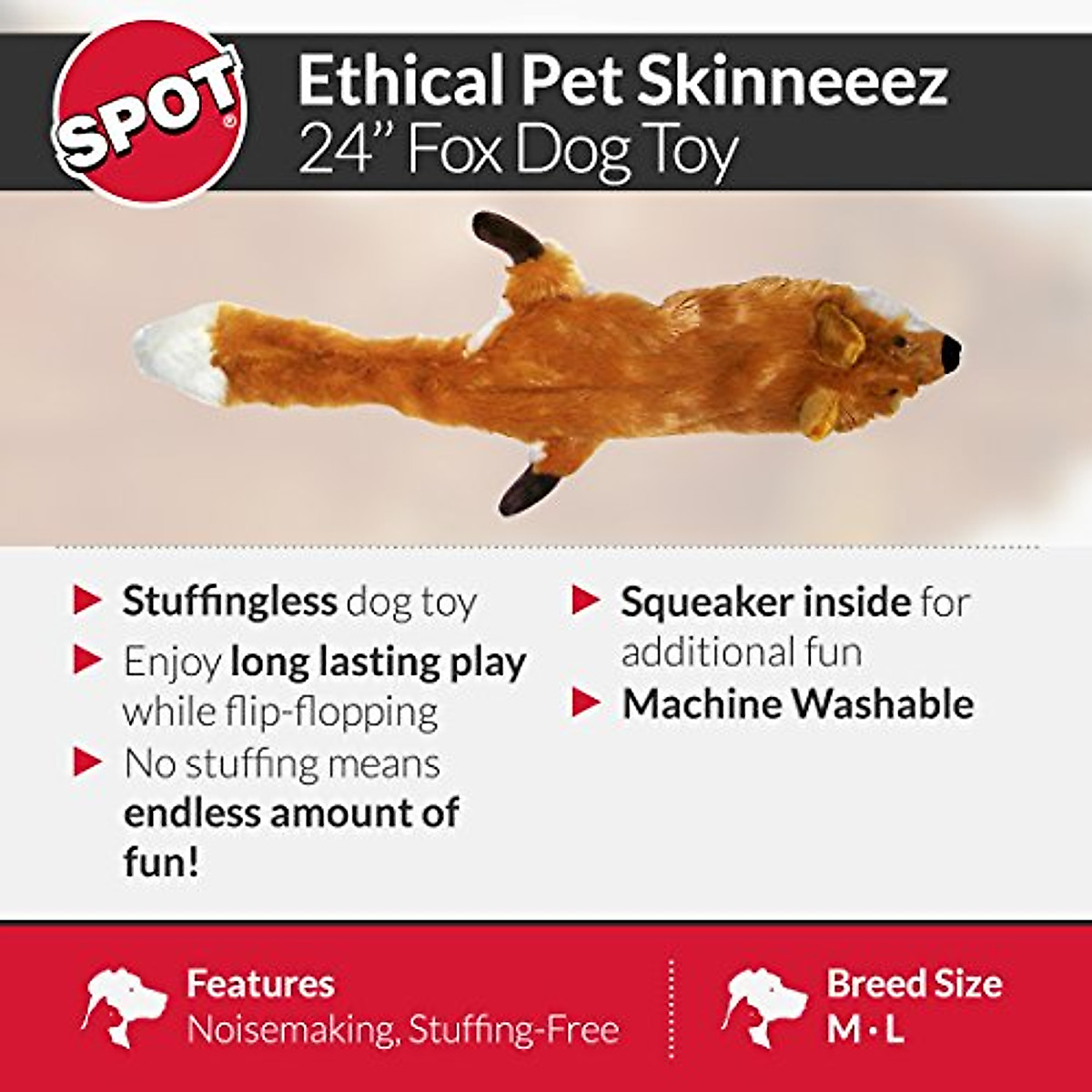 SPOT Skinneeez | Stuffless Dog Toy with Squeaker for All Dogs | Tug-of-War Toy for Small and Large Breeds | 23" | Fox Design | by Ethical Pet