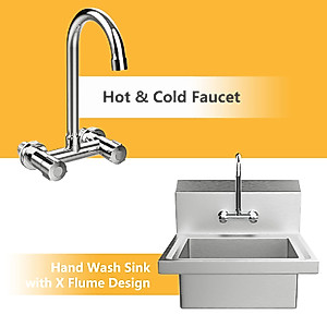 Bonnlo Commercial Sink Hand Washing Basin Stainless Steel Hand Sink with Hot&Cold Faucet, Wall Mount Utility Sink with Drainer Heavy Duty Hand Wash Sink for Commercial Restaurant Home Kitchen Workshop