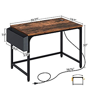 Rolanstar Computer Desk with Power Outlet, Home Office PC Desk with USB Ports Charging Station, 39" Desktop Table with Side Storage Bag and Iron Hooks, Stable Metal Frame Workstation, Rustic Brown