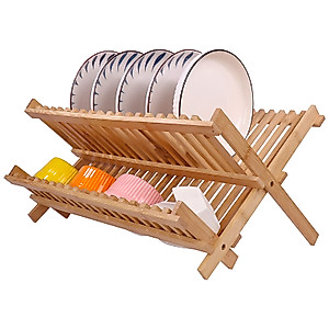 SZUAH Bamboo Dish Drying Rack, Collapsible Dish Drainer, Foldable Dish Rack Bamboo Plate Rack, by 100% Natural Bamboo (17.8" x 10.23" x 9.25") …