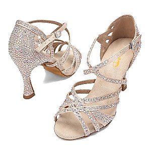 XYD Women Dance Ballroom Latin Jazz Sandals Mid Heels Open Toe Crystal Rhinestones Strappy Sparkling Bridal Evening Fancy Pumps Shoes (Size 15, Blush Pink)