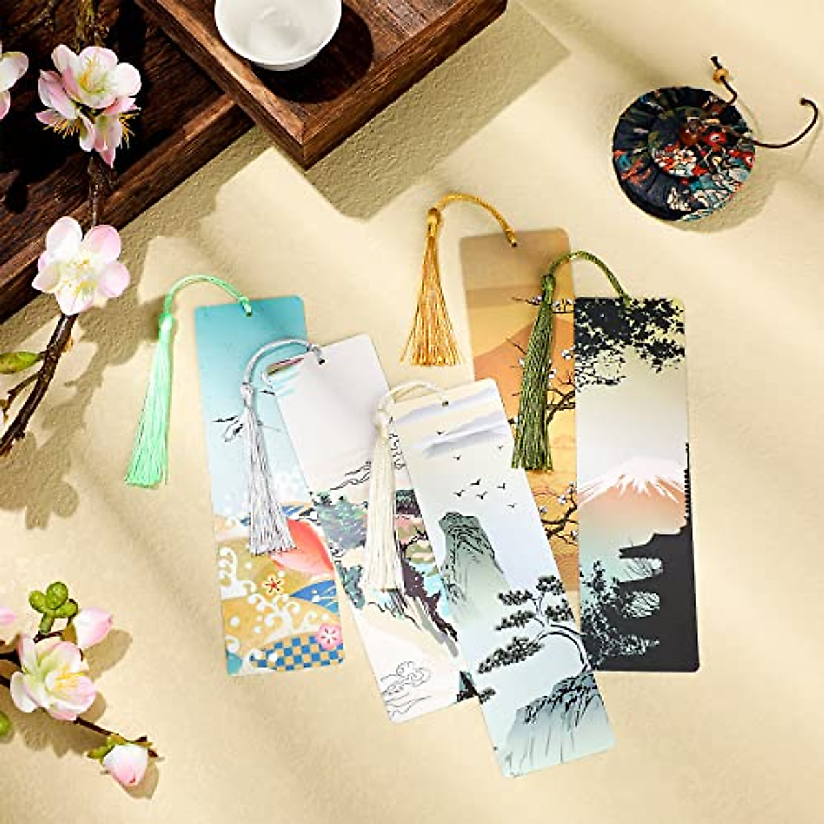 48 Pieces Tassel Bookmarks Anime Bookmark with Tassels Inspirational Japanese Paper Bookmark Japan Art Impressions Bookmarker Cards Nature Manga Bookmarks for Artists Men Women Book Lover Teen