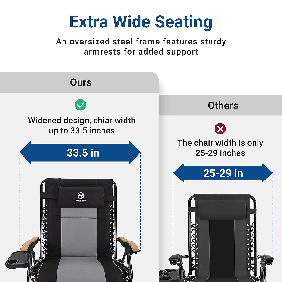 Coastrail Outdoor Zero Gravity Chair Oversized XXL 33.5" Patio Padded Reclining Lounger with Pillow, Side Table for Camping, Lawn, Garden Black/1pack