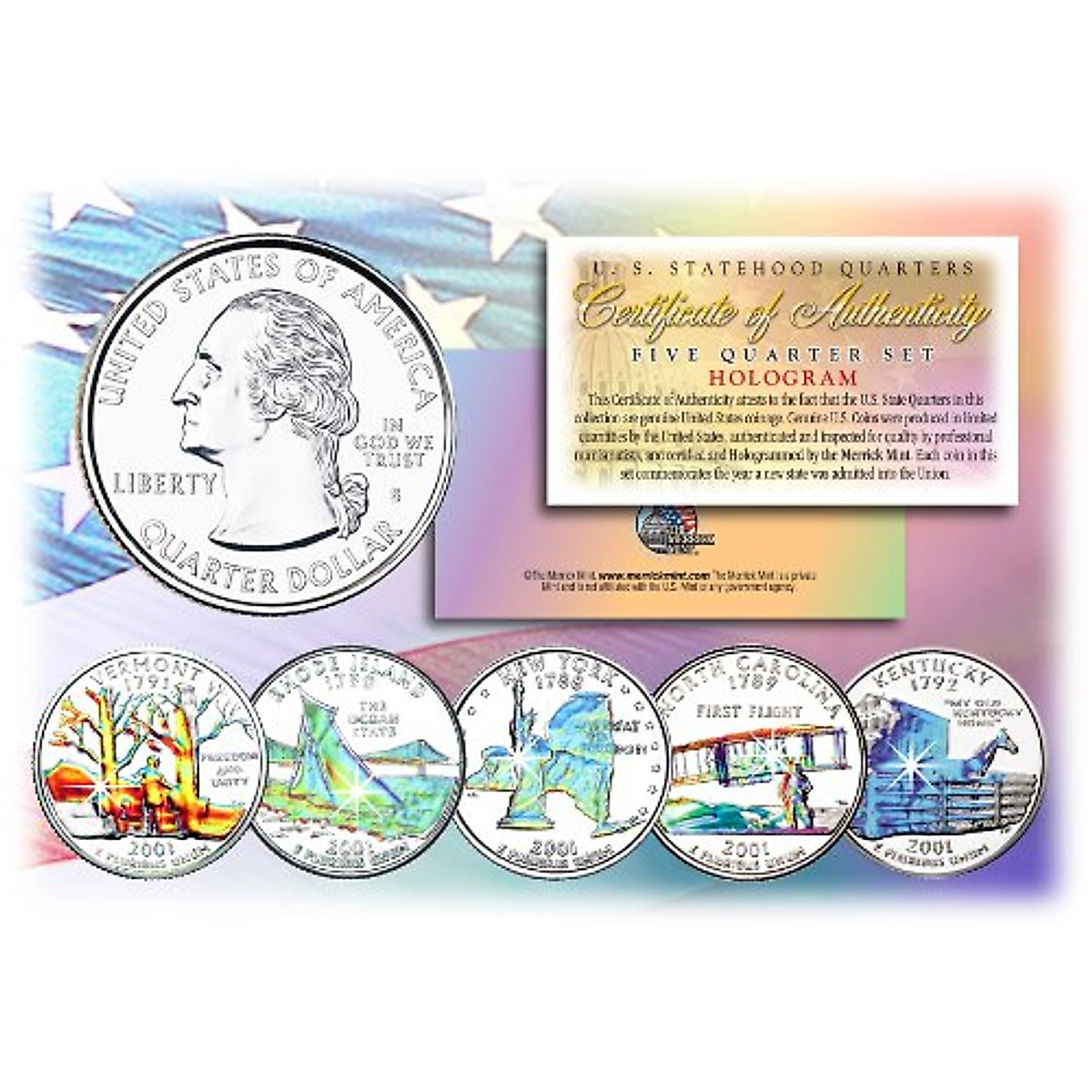 2001 US Statehood Quarters HOLOGRAM 5-Coin Complete Set w/Capsules & COA