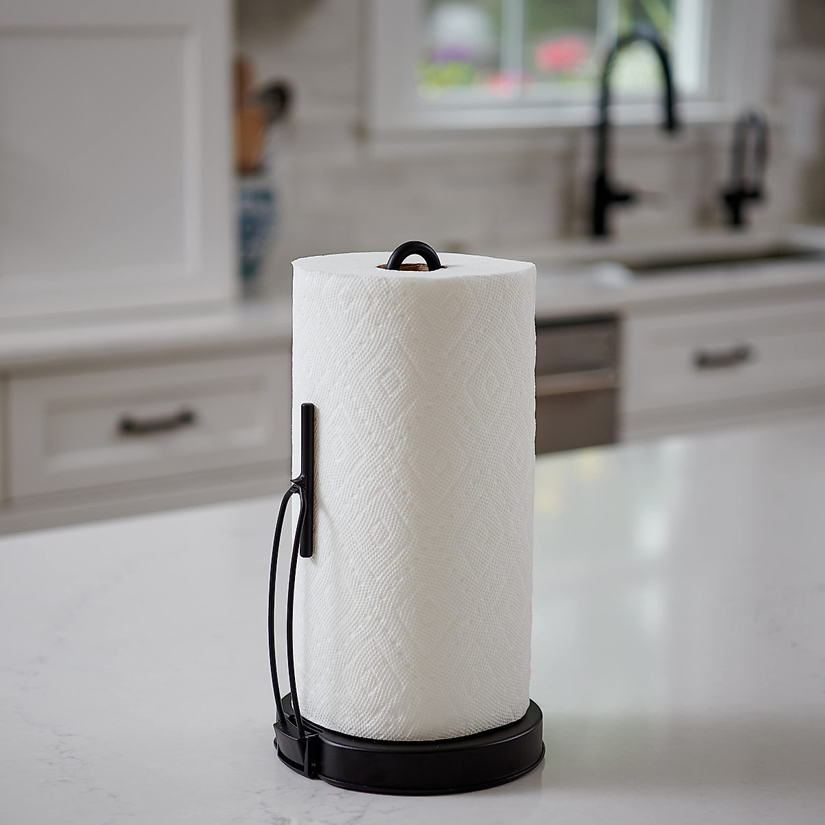 Spectrum Diversified Euro Tension Paper Towel Holder (Black) - Storage Organization for Kitchen Counter, Pantry, Laundry, Apartment, RV, and Bathroom