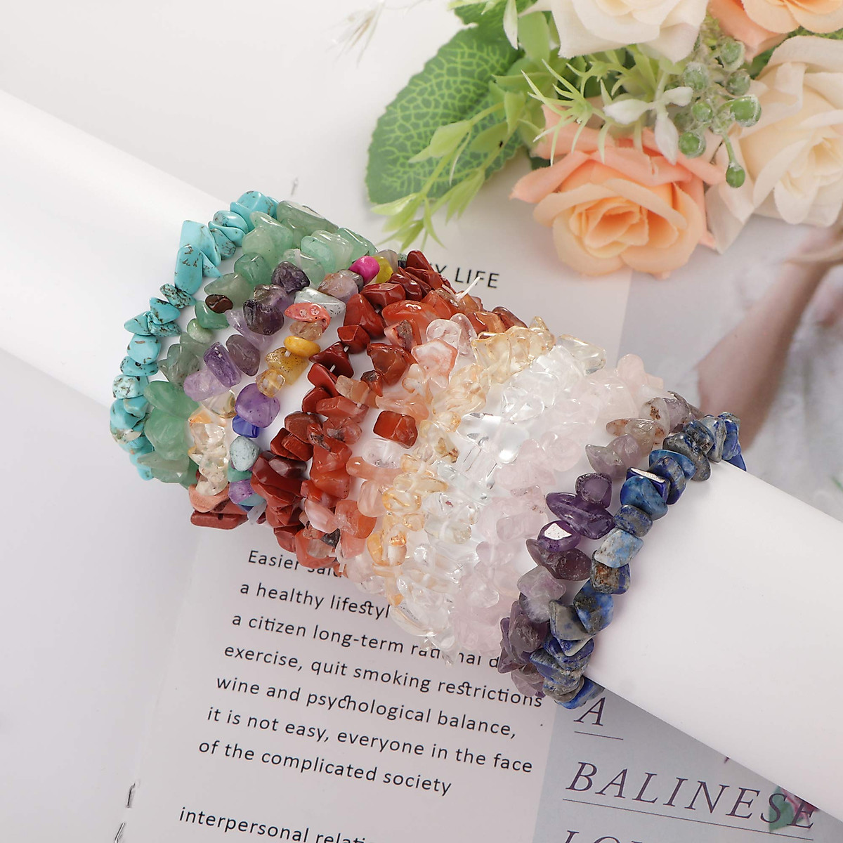 LOYALLOOK 8-12Pcs Natural Gemstone Chakra Crystal Healing Chip Gemstone Stretch Bracelets Tumble Polished Align Chakras/Conquer Fear/Increase Communication Reiki