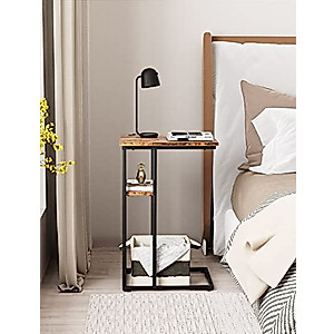 Innerjoin 2 Shelves C Side Table with Metal Frame, C Shaped End Table, TV Tray Table for Couch, Sofa Table for Living Room Bedroom, Bedside Table, Rustic Vintage Style, Brown