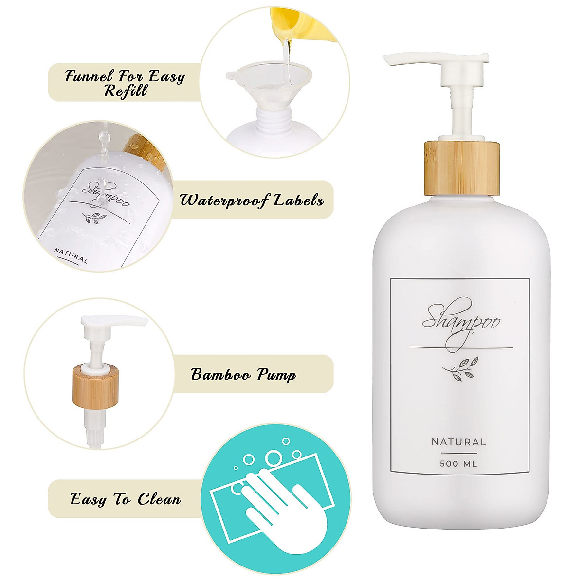 YS STORE Shampoo and Conditioner Dispenser - Refillable Bath Set of 3 16oz Bamboo Pump with Funnel White Containers for Body Wash, Waterproof label, clean and modern.