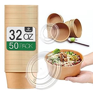 TOPtoper 50 Pcs 32 Oz Large Paper Bowls with Lids, Disposable Soup Serving Bowls Bulk Party Supplies for Hot/Cold Food, Soup (32 OZ)