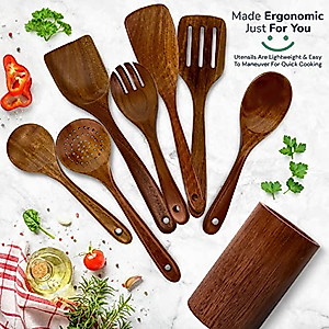 Wooden Spoons for Cooking-Kitchen utensils set with holder-Nice-nook 8PCS Wooden Utensils for Cooking made with Acacia wood-Cooking Utensils Set non-stick with comfortable soft grip-Great House gifts.