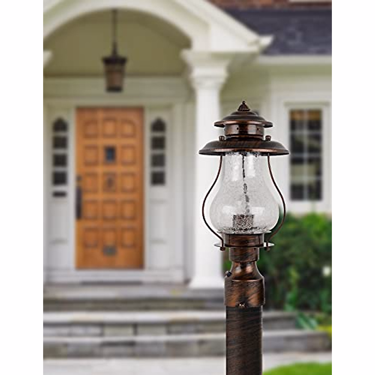 Dusk to Dawn Post Lights Outdoor Photocell Sensor Rustic Pole Mount Lanterns with Pier Mount Adapter Oil Rubbed Brown with Crackle Glass Waterproof Pillar Lights for Patio, Garden, Porch and Backyard