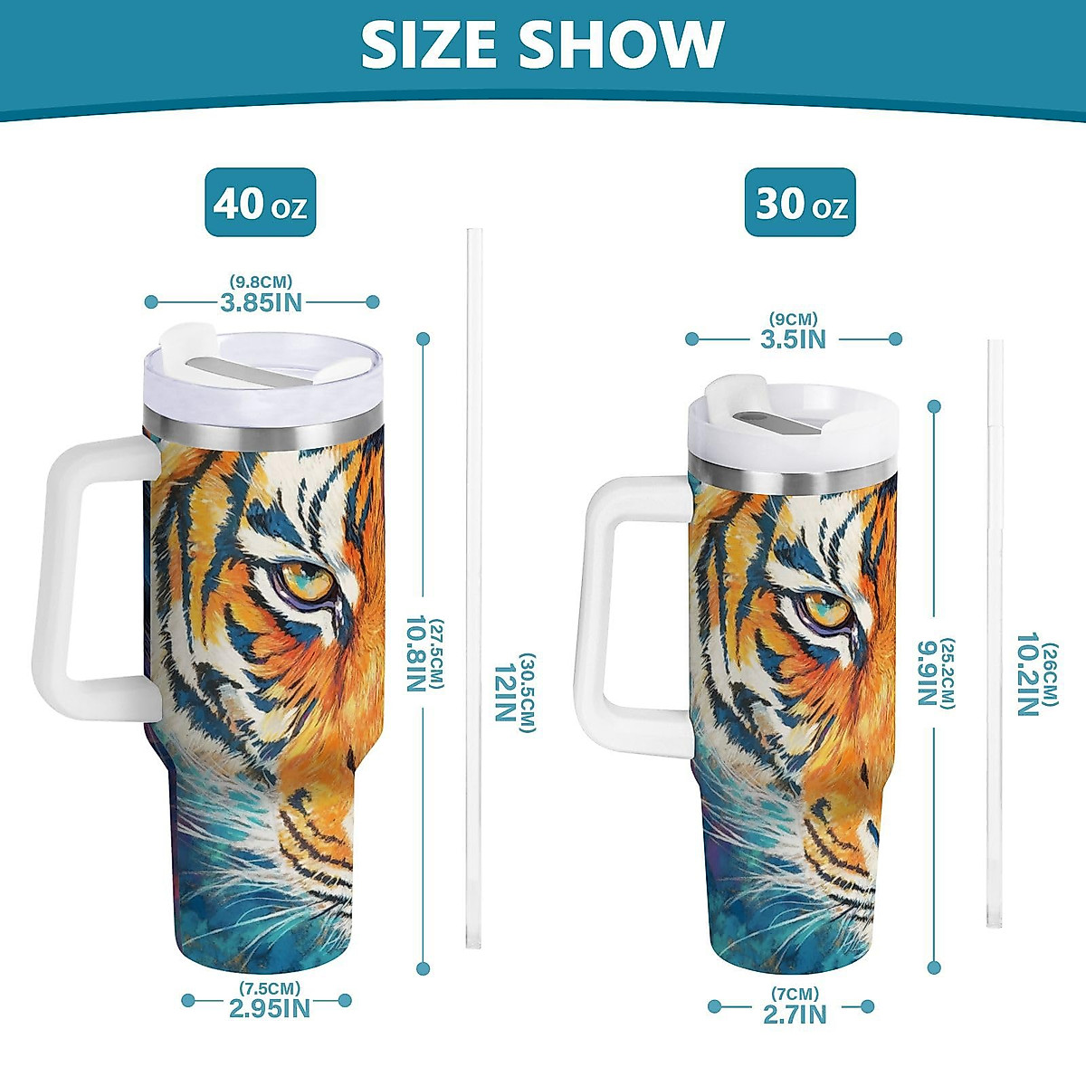 Msyxl 40 oz Insulated Stainless Steel Tumbler with Handle and Straw Lid - Leak-proof Coffee Mug for Men Women, Travel Mug Fits Cup Holder (Close-up Tiger Face)