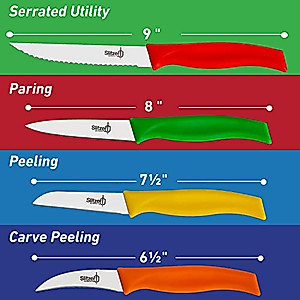 Slitzer Germany 4-Piece Kitchen Knife Set - German Stainless Steel Blades & Colorful Handles - Utility, Paring, Vegetable, & Beak Carving Knives