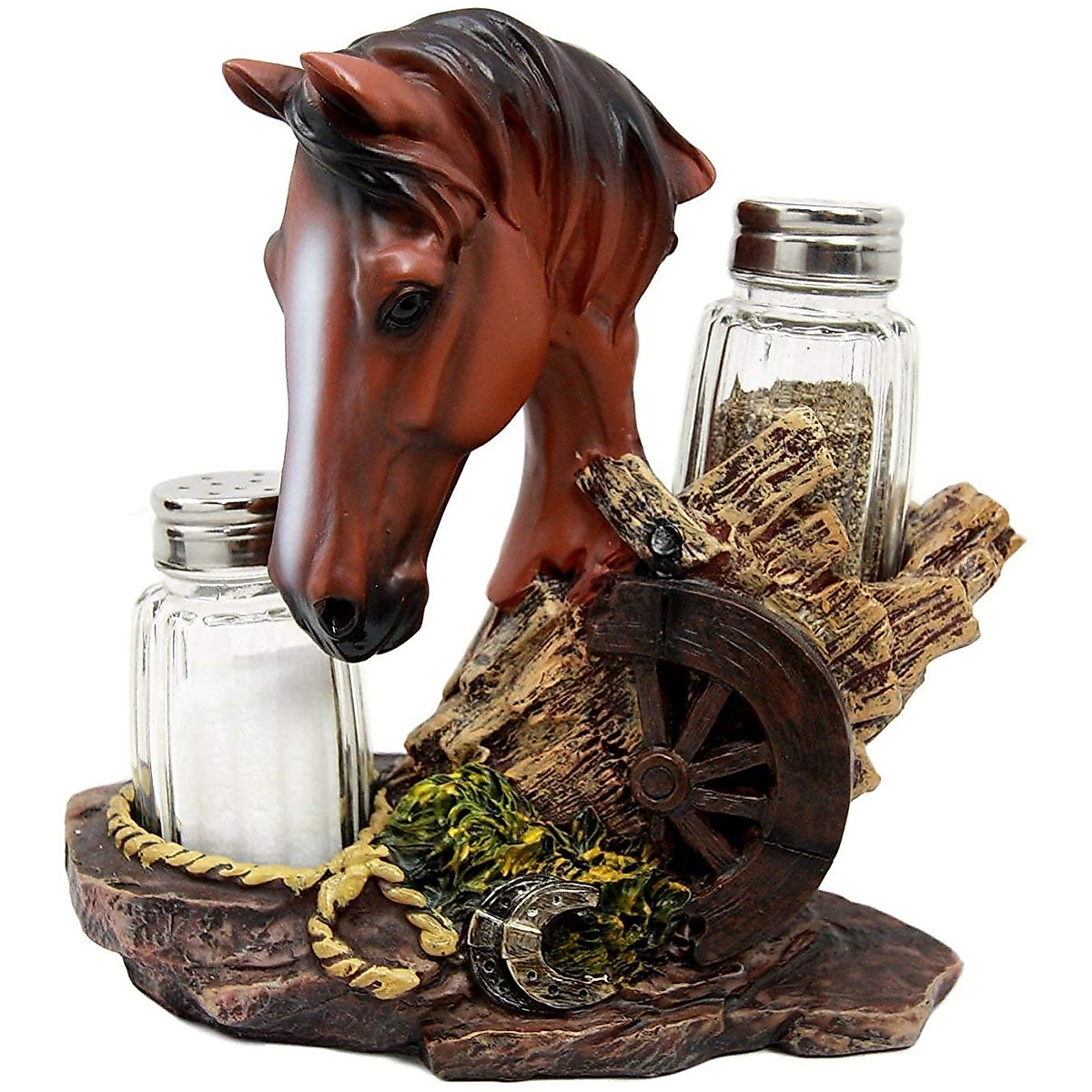 Ebros Country Western Chestnut Brown Stallion Horse By Farm Wagon Wheel Lasso Horseshoes Salt And Pepper Shakers Holder Figurine Set 6.25"High Old Fashioned Rustic Decor Statue (Chestnut Brown)