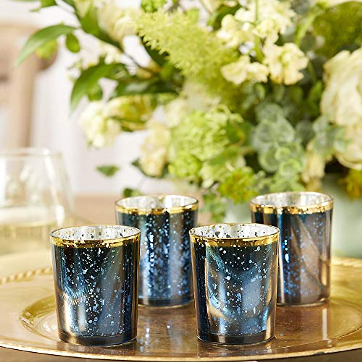 Kate Aspen 20191NA Mercury Glass Tea Light Holder (Set of 4), Deep Blue/Gold