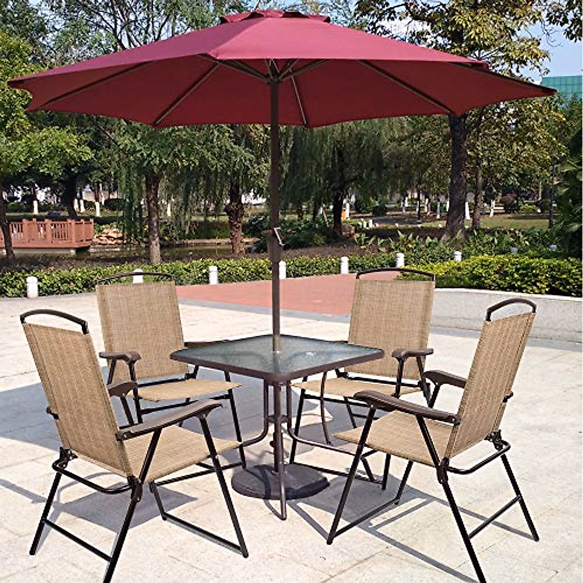 Devoko Patio Folding Chair Deck Sling Back Chair Camping Garden Pool Beach Using Chairs Space Saving Set of 2 (Beige)