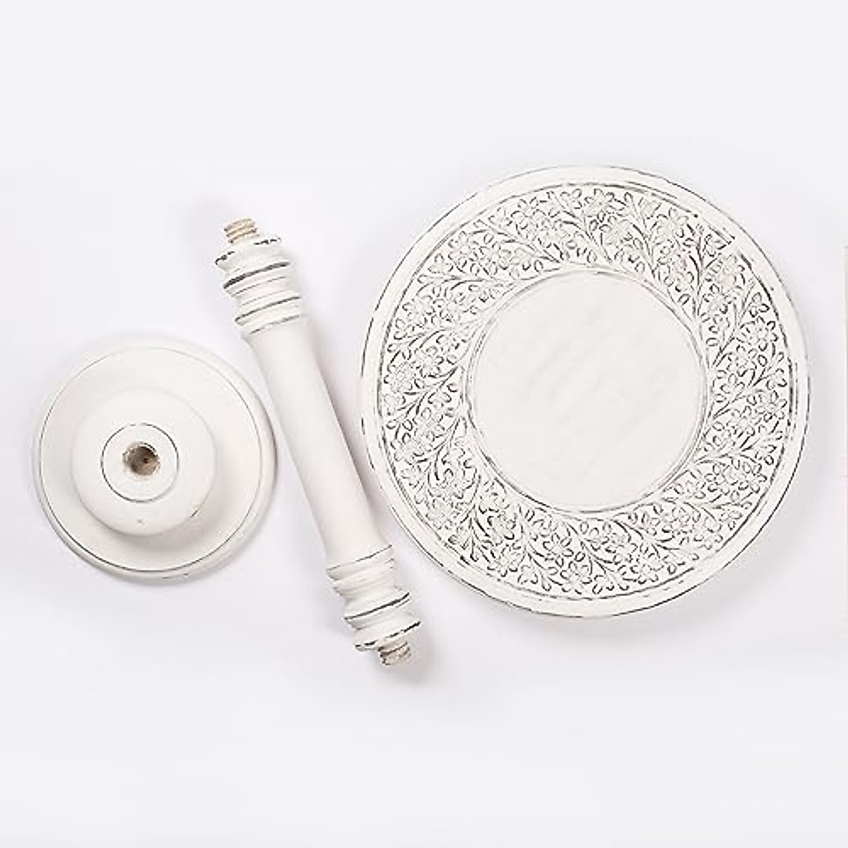 Side Table,Round End Table,Small Table,Side Tables Living Room,End Table,Round Side Table,Altar Table, Carved Side Table,Wood Accent Table,Carved Wood Table Single Pillar 18x22 inch White Antique