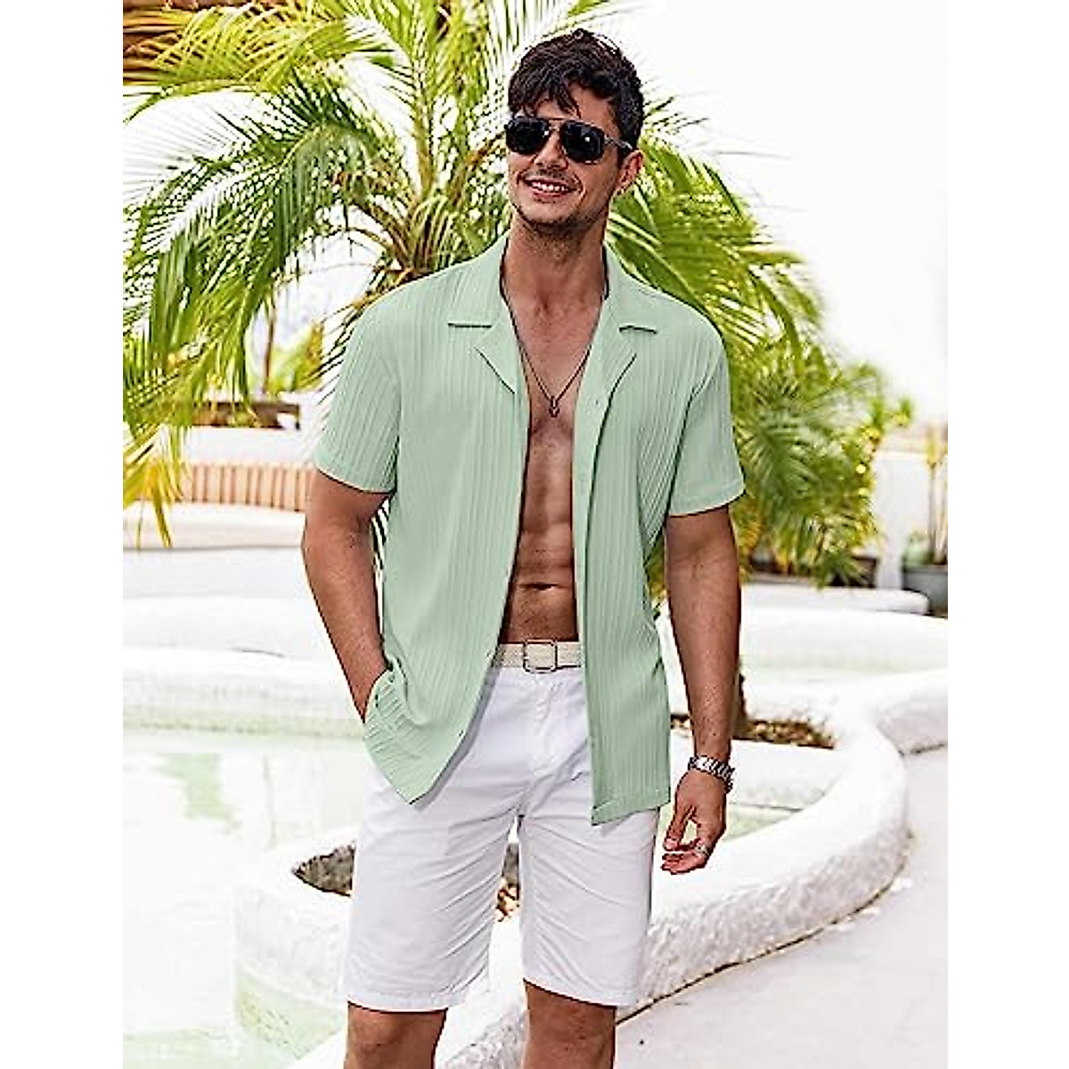 COOFANDY Men's Linen Shirts Short Sleeve Button Down Shirt for Men Fashion Summer Beach Shirt, Light Green, L