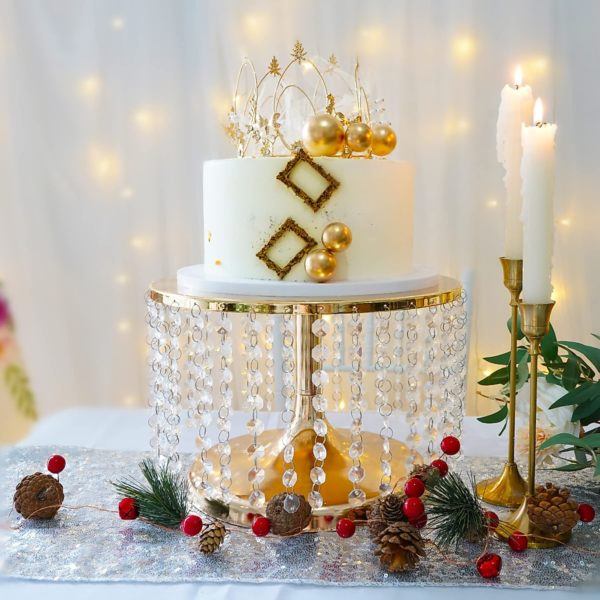 LANLONG Cake Stand for Dessert Table 12 Inch Gold Crystal Pendants Metal Cake Stand Serves as A Round Dessert Cupcake Display Plate for Table, Wedding, Party, Event
