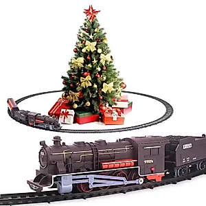 LEYI Classic Train Set Toys 1:87 Round Tracks Railway for Under Christmas Tree Battery Operated Train with Sound and Light Christmas Birthday Gifts for Boys and Girls 3 Cars 2 Trees 12 Tracks