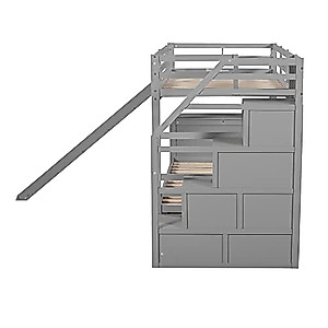 SIYSNKSI Twin Over Twin Bunk Bed with Storage Staircase and Slide, Wooden Bunk Bed Frame with Desk and Drawers, Multifunctional Bunk Bed for Kids Teens Adult Bedroom (Gray + Pine-Twin-04)