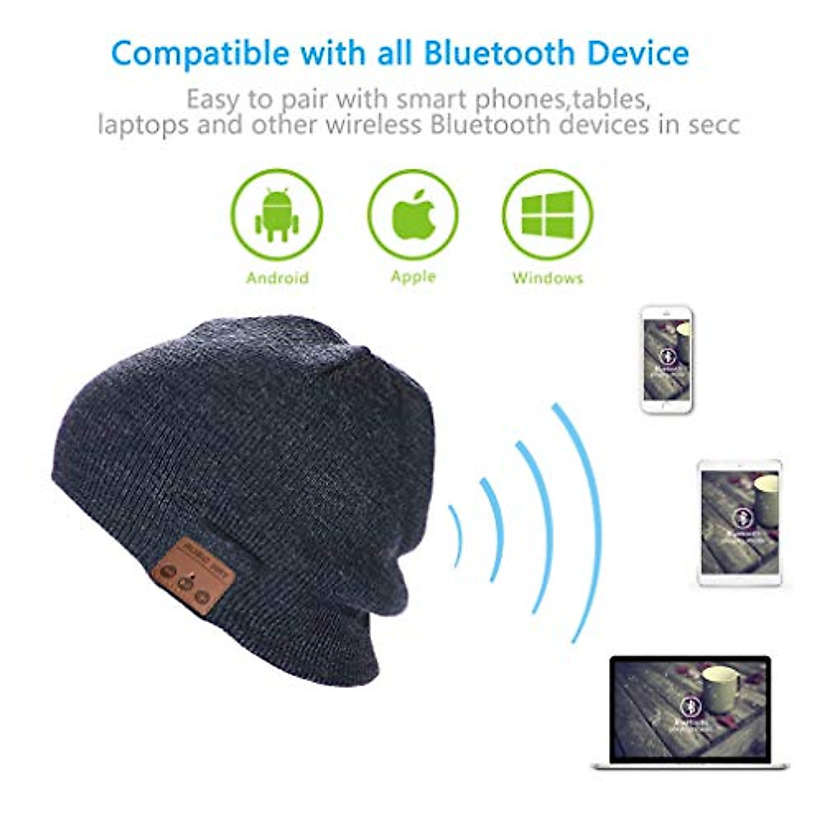 Happy-top Beanie Wireless Music Headphones Hat Compatible for iPhone Samsung Android (Dark Grey)