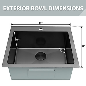 Zeesink Black Kitchen Sink 25" X 22",Single Bowl Kitchen Sink,Drop In Utility Sink,Top Mount Bar Sink,Stainless Steel Kitchen Sink
