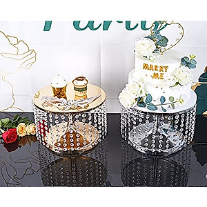 8 Inch Tall Wedding Gold Cake Stand - 12" Dia Round Base Cake Serving Stand with Crystal Chandelier, Dessert Cupcake Pastry Candy Display Plate for Weddings, Birthdays and Special Occasions
