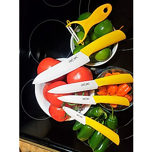 Serrated Black Ceramic Knife Set with 5" Serrated Knife. Includes 3”, 4”, 5”, 6” Ceramic Knives, Matching Sheaths and a Matching Vegetable Peeler in a Black Gift Box