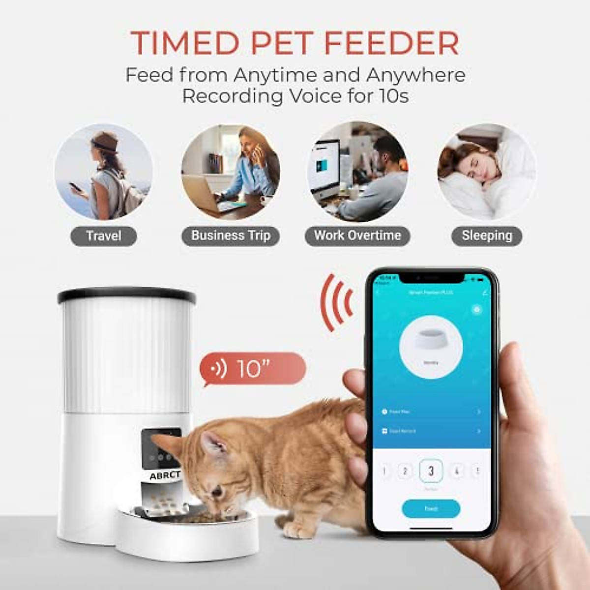 ABRCT Camera Automatic Cat Feeder, Voice and 1080HD Video Recording Cat Food Dispenser, Timed Cat Feeder with Desiccant Bag, Smart Cat Pet Feeder with Dual Power Supply (White)
