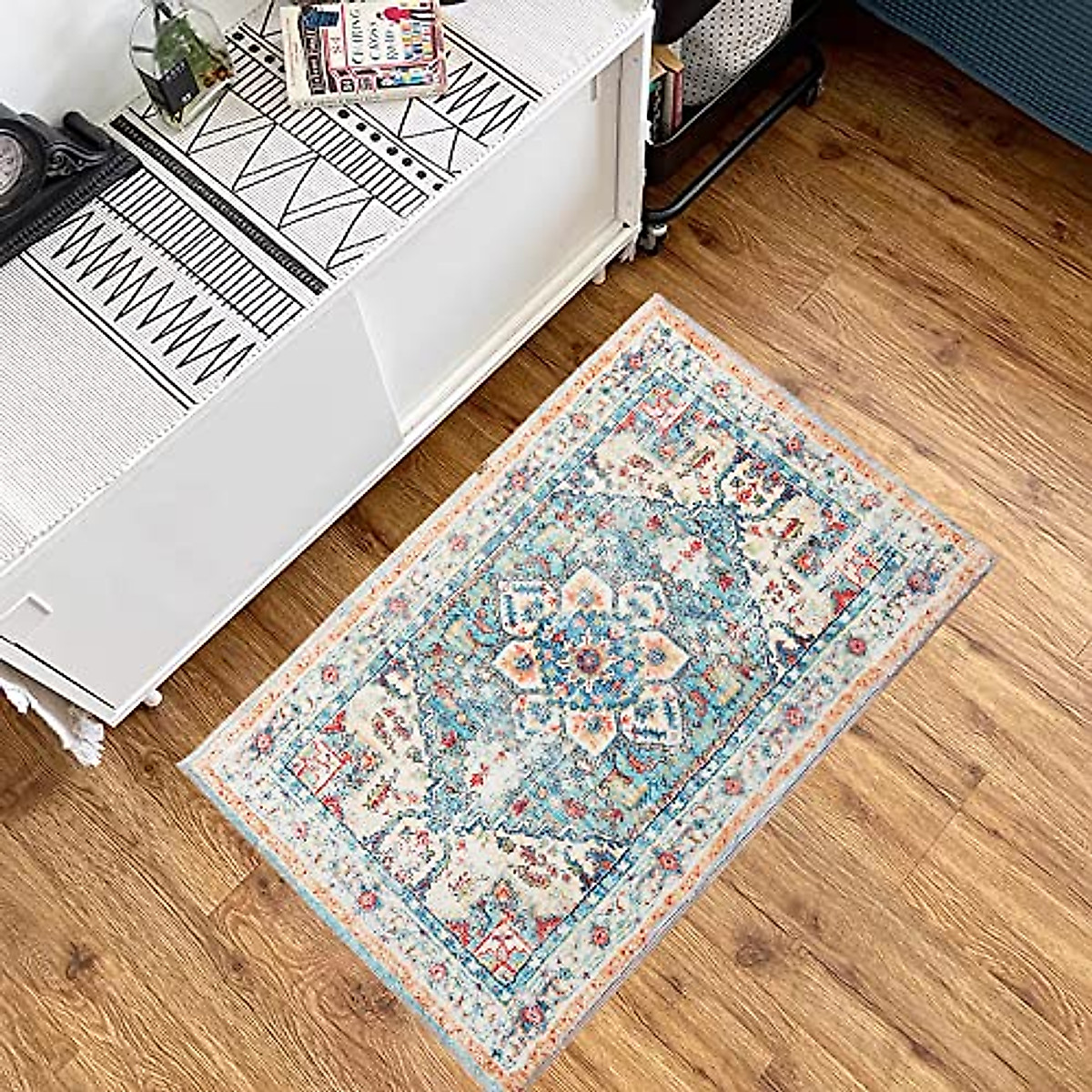 GEVES Cream Green Boho Area Rug Persian Oriental 2x3 Entryway Rugs for Bedroom Kitchen Bathroom Decor Doormat Washable Indoor Use Non-Slip Rubber Backing