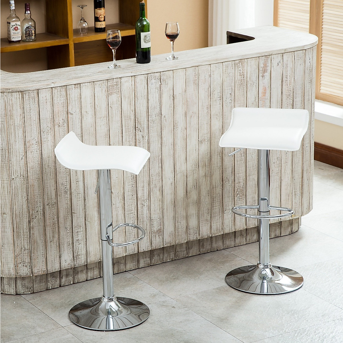 Roundhill Furniture Contemporary Chrome Air Lift Adjustable Swivel Stools with White Seat, Set of 2