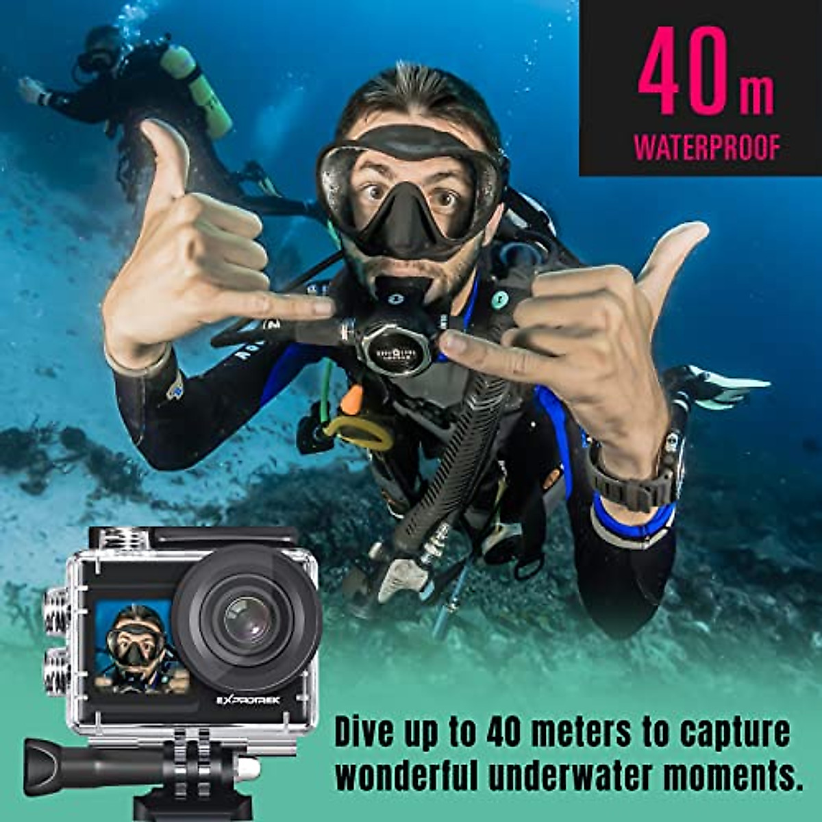 Exprotrek Action Camera 4K 60FPS with Touch Screen,EIS 170 ° Ultra Wide Angle, 40m Waterproof Underwater Remote Control Sports Camera with Helmet Accessories