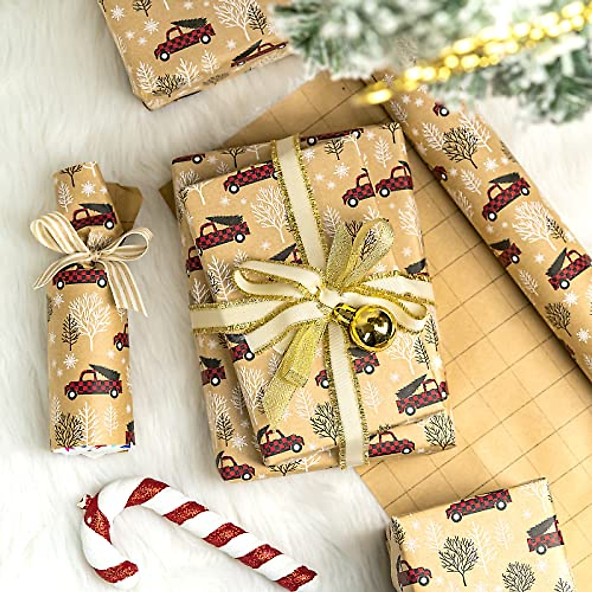 RUSPEPA Kraft Christmas Wrapping Paper Roll - Red Car Design for Holiday Gift Wrap - 17 Inches X 32.8 Feet