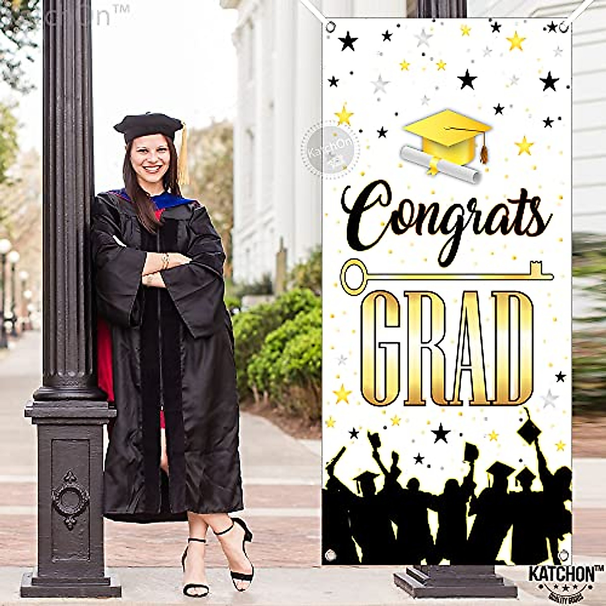 Congrats Grad Graduation Door Sign - 74x36 Inch | Congrats Grad Banner, Graduation Party Decorations 2023 | Graduation Door Banner 2023 | Graduation Decorations White and Gold | Graduation Door Cover