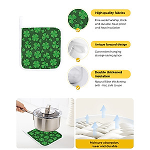 2 Pack Pot Holders for Kitchen,St. Patrick's Day Green Shamrock Heat Proof Potholder Hot Pads Trivet,Four Leaf Clover Black Back Seamless Washable Coaster Potholders for Cooking Baking Grilling