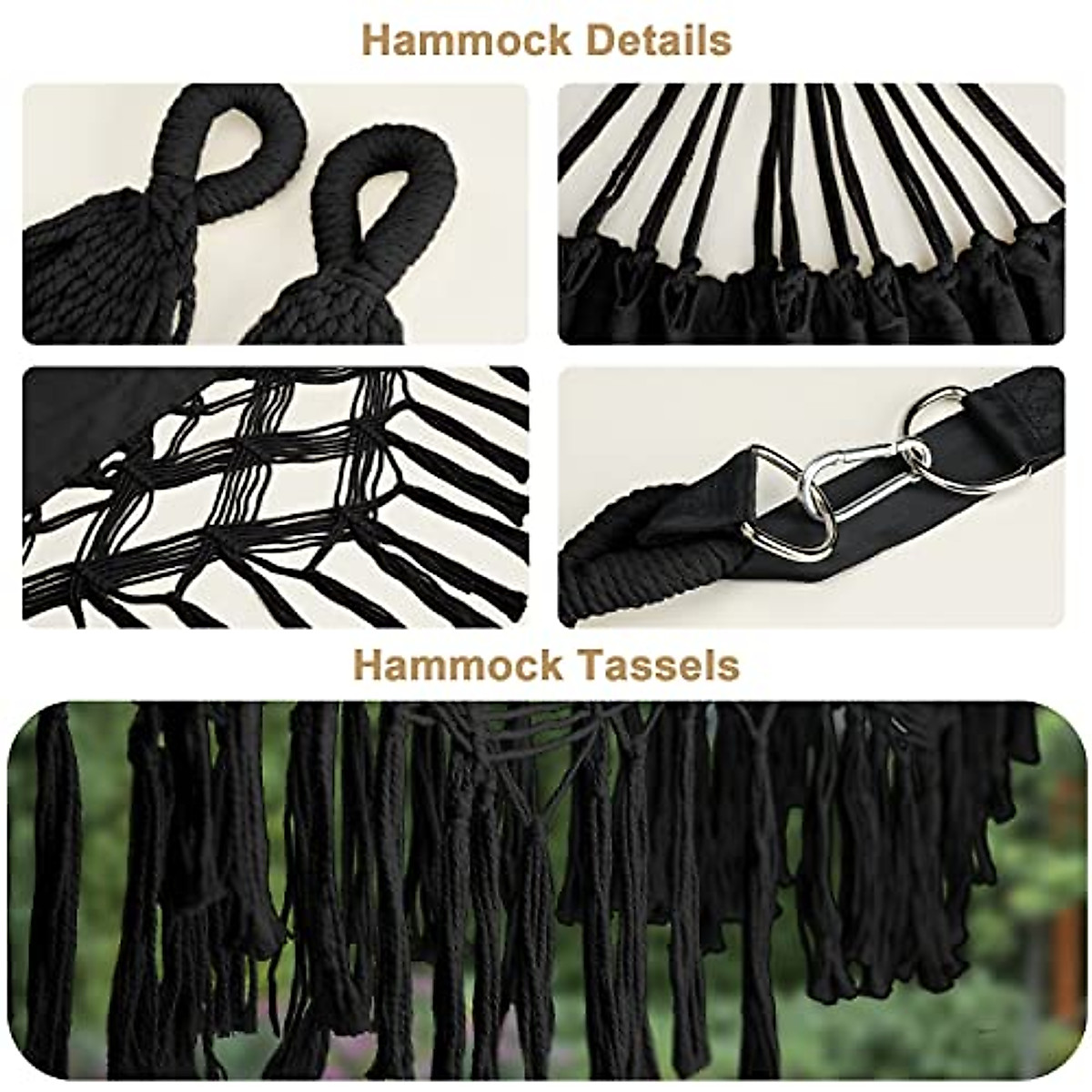 Bellzacasa Double Hammock, Heavy Duty 500 lb Load Capacity Tassels and Fishtail Knitting with Mounting Straps for Outdoor Camping Patio Balcony Black