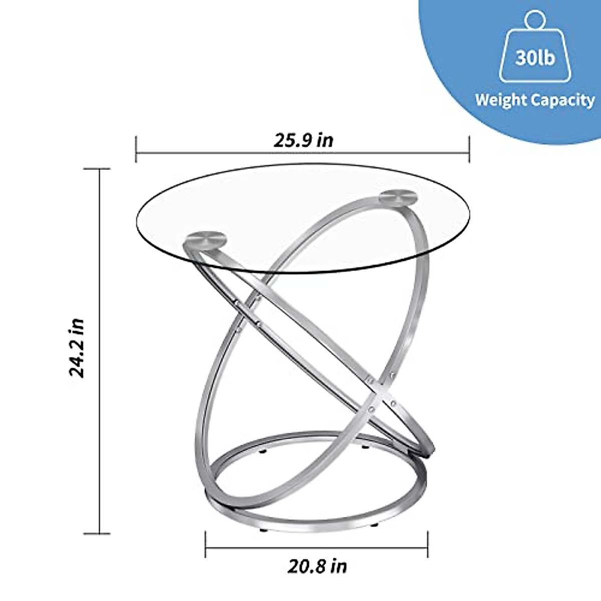 OIOG Glass Round End Table, Living Room Side Table for Small Space, Modern End Table with Tempered Glass Tabletop, Contemporary Side End Table, Chrome Finish