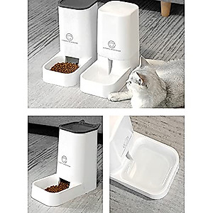 Pet Food Feeder and Water Feeder Set Self-Dispensing Gravity - Dog Automatic Feeders Cat Water Dispenser for Large Middle Small Cats Dogs Kitten Puppy, White, 11.4X5.8X10.8 inch